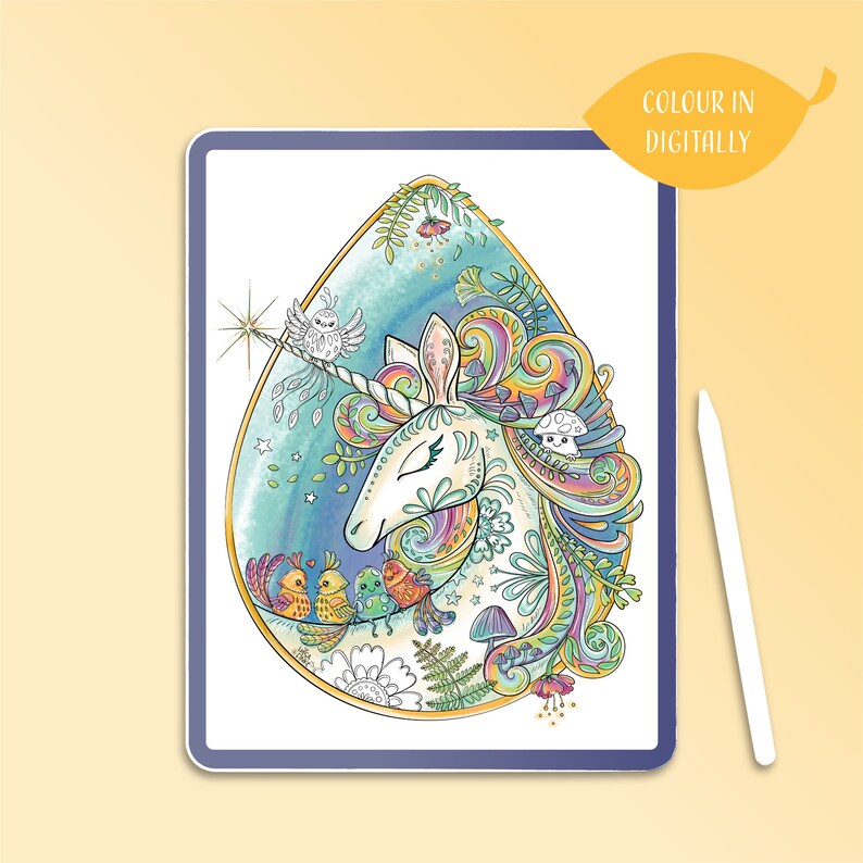 Magical Unicorn Coloring Page With Cute Birds, Flowers and Mushrooms ...