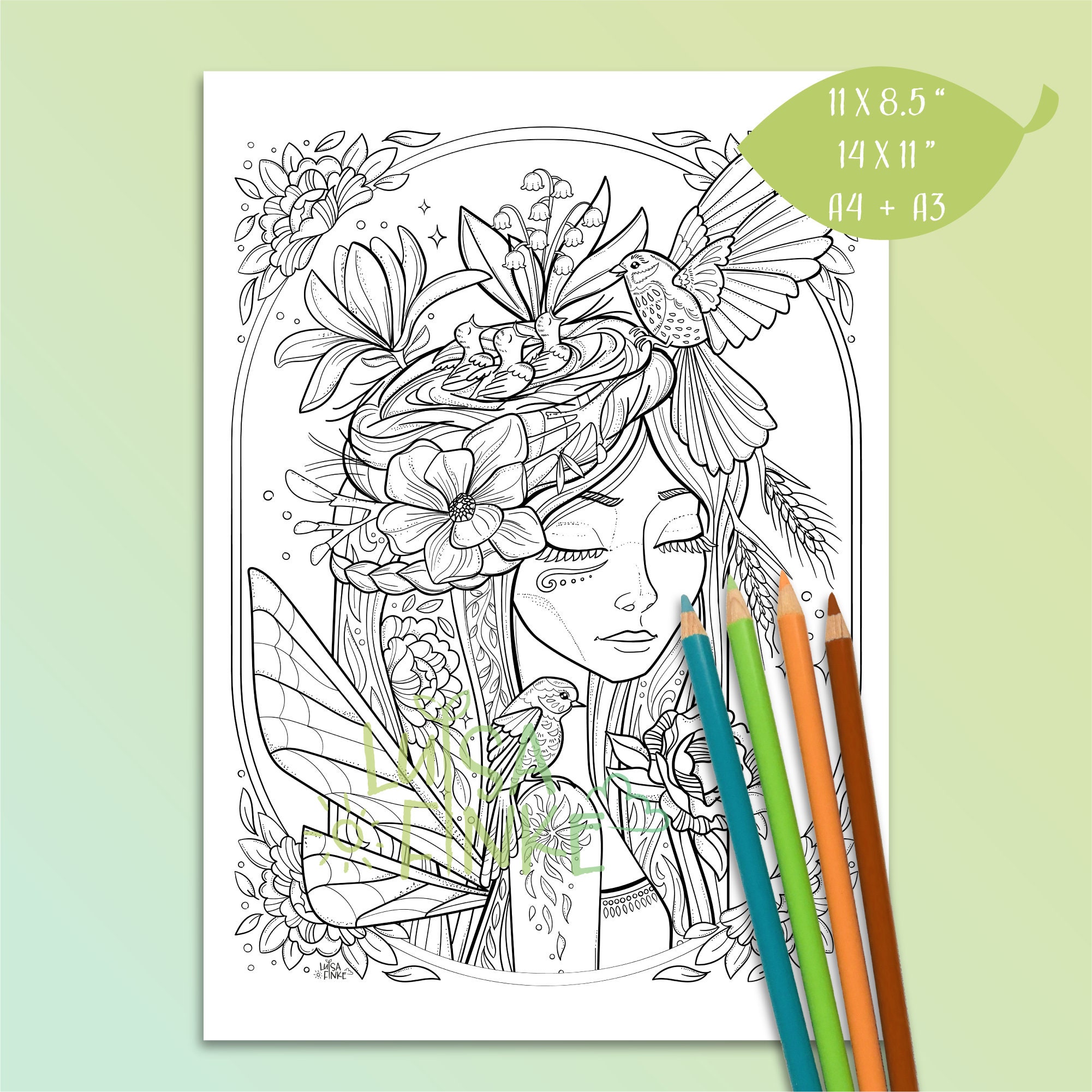 Magical Fairy Coloring Page With Birds and Flowers | Beautiful and ...