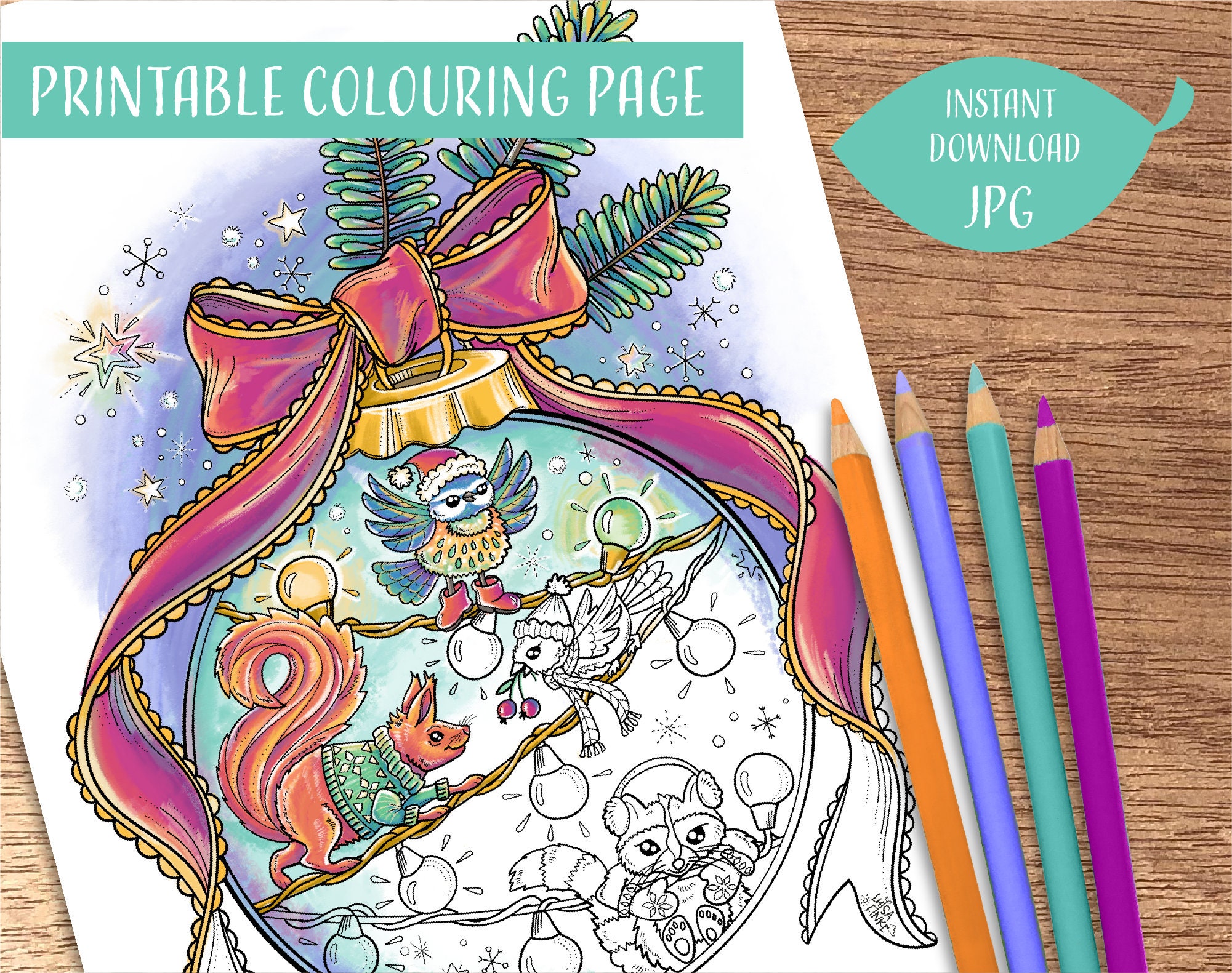Christmas Coloring Page With Cute Animals in a Wintery Fantasy Bauble ...