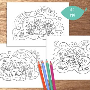 SET of 3 Cute Animal Coloring Pages With Fox, Bunny & Deer in Clouds ...