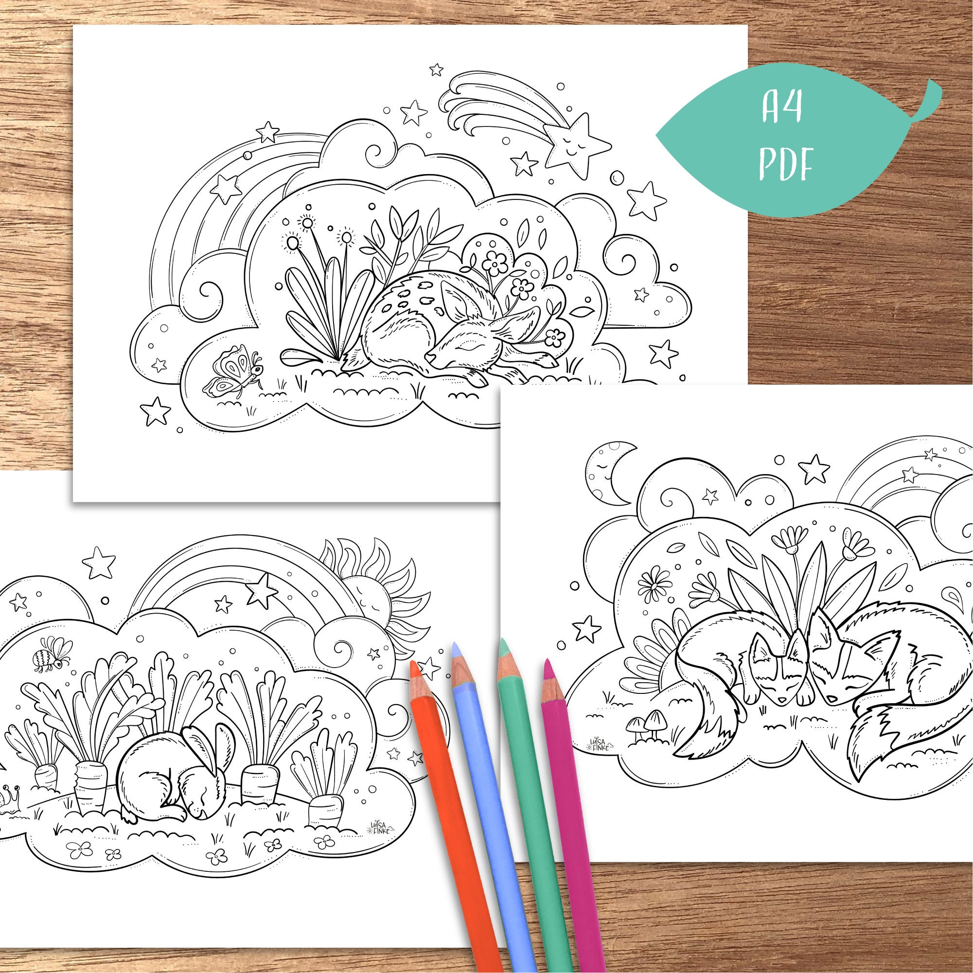 SET of 3 Cute Animal Coloring Pages With Fox, Bunny & Deer in Clouds ...