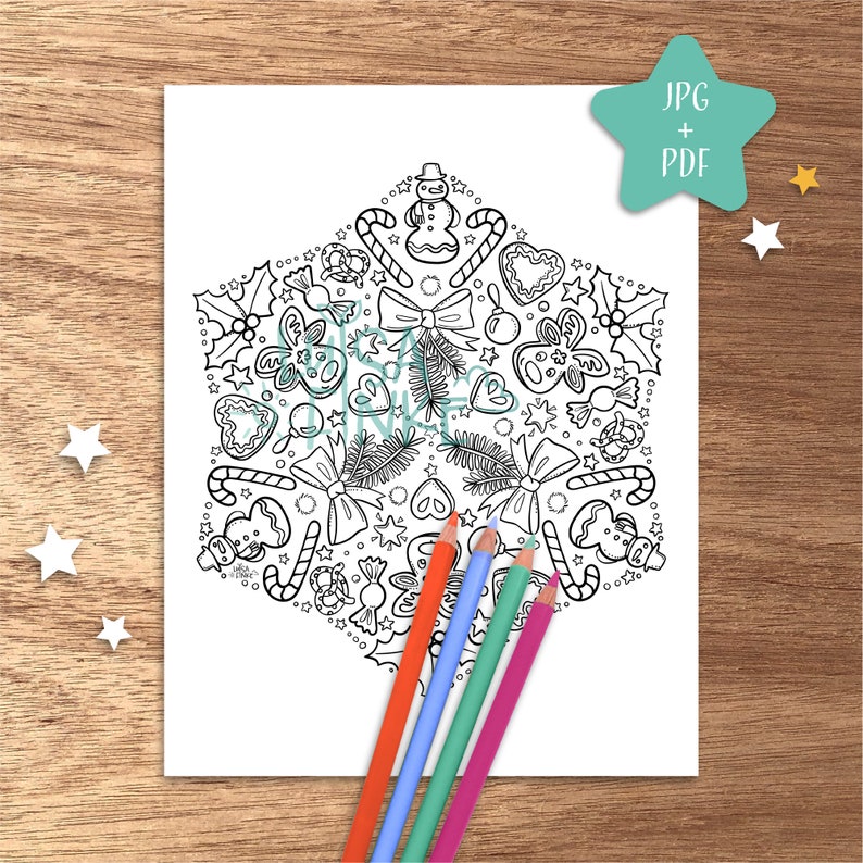 Christmas Mandala Star Coloring Page With Snowman and Reindeer Cookie ...