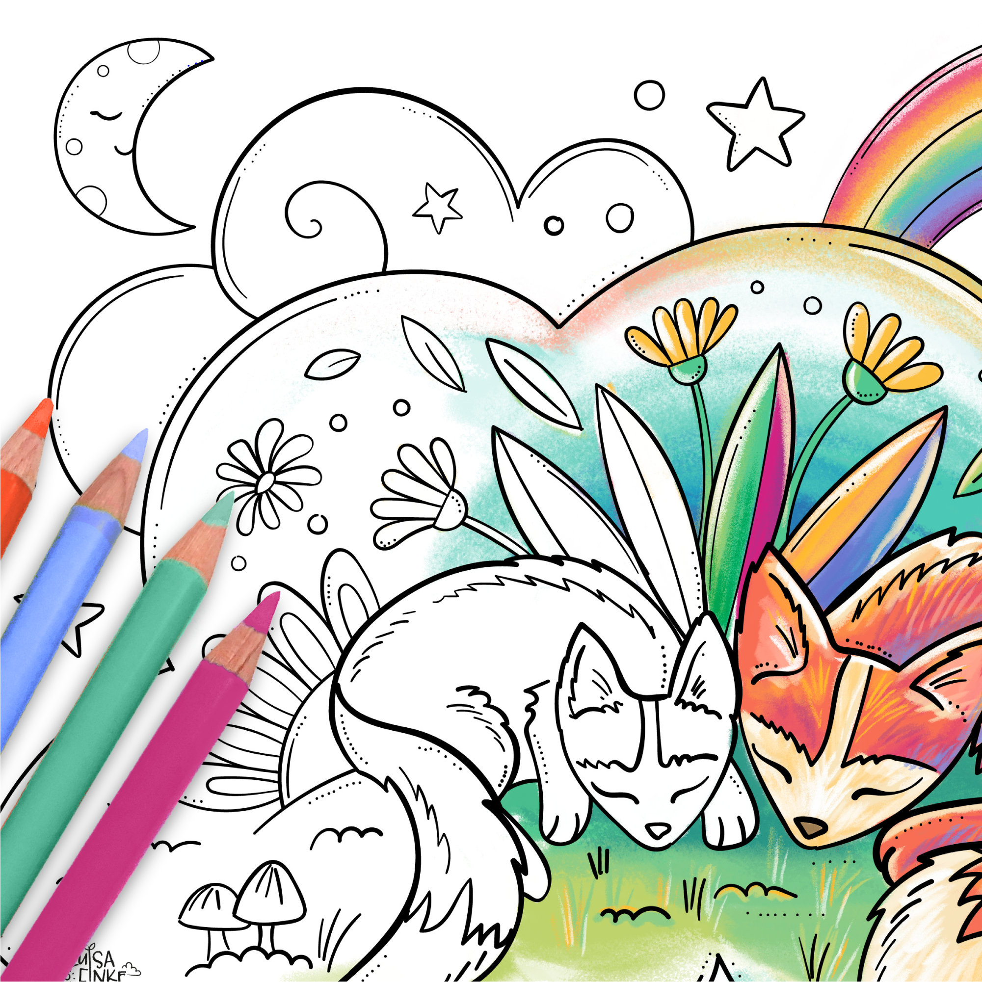 Fox Coloring Page in a Fantasy Forest With Rainbow and Clouds Cute and ...
