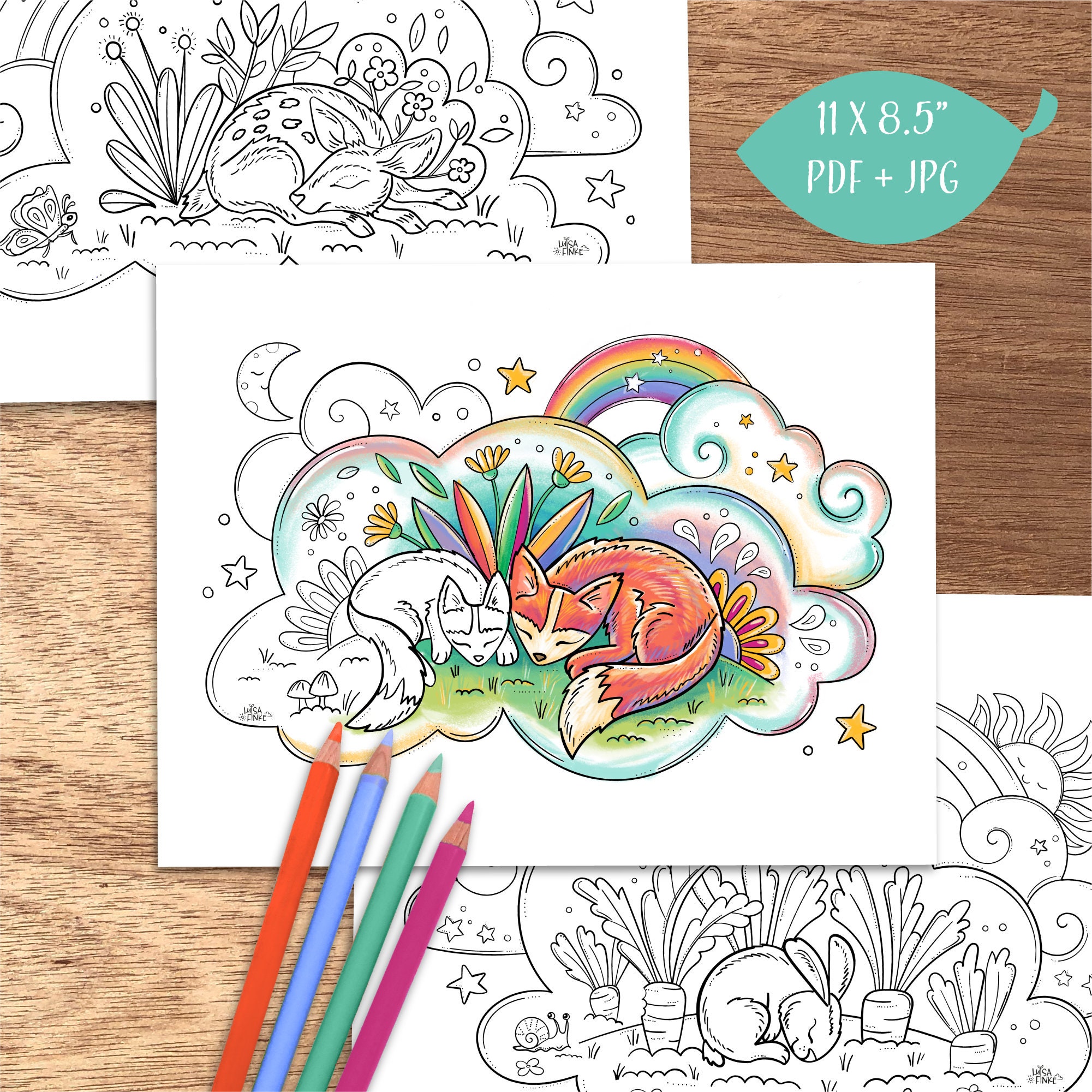 SET of 3 Cute Animal Coloring Pages With Fox, Bunny & Deer in Clouds ...