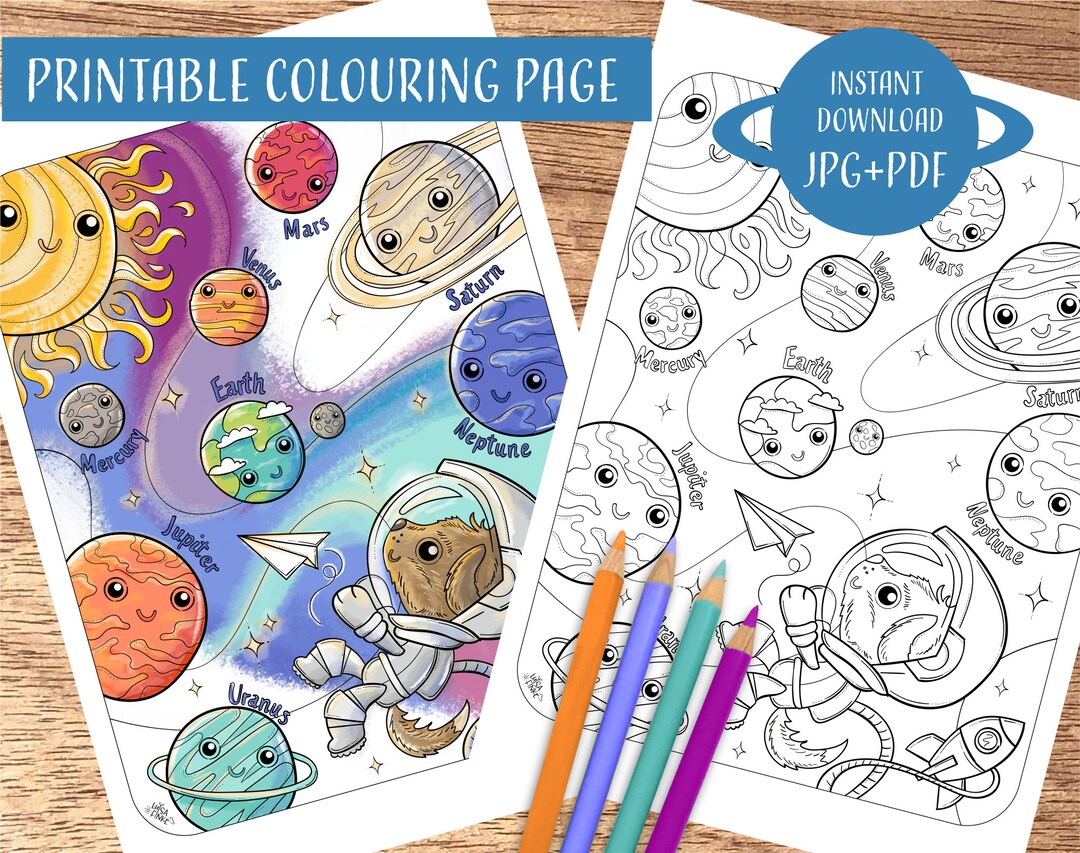 Space Coloring Page With Dog Astronaut and Planets Fun Educational ...