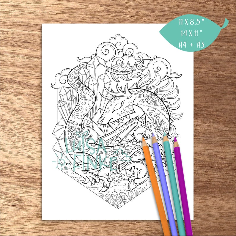 Magical Dragon Coloring Page With Cute Animals in a Fantasy Forest ...