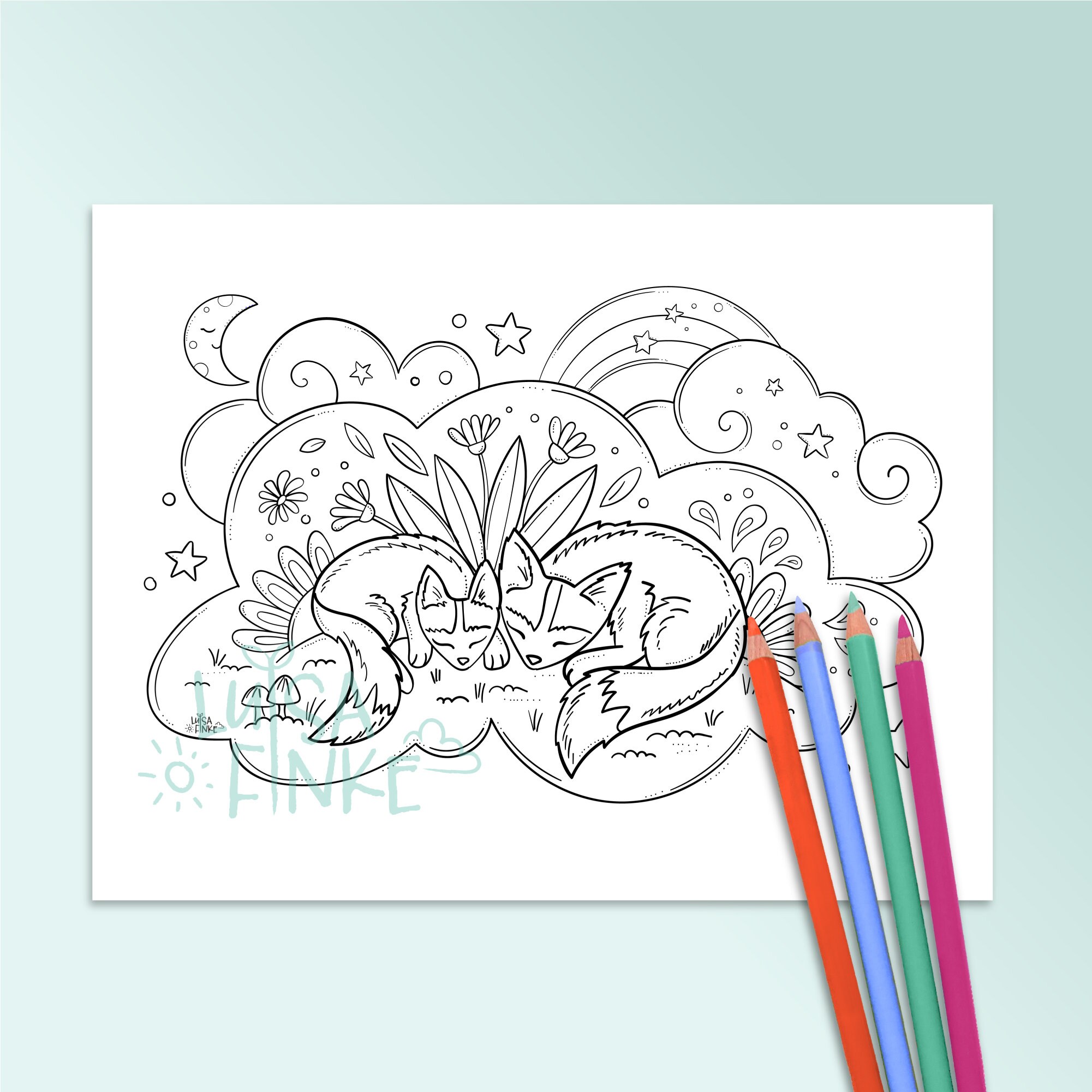 SET of 3 Cute Animal Coloring Pages With Fox, Bunny & Deer in Clouds ...