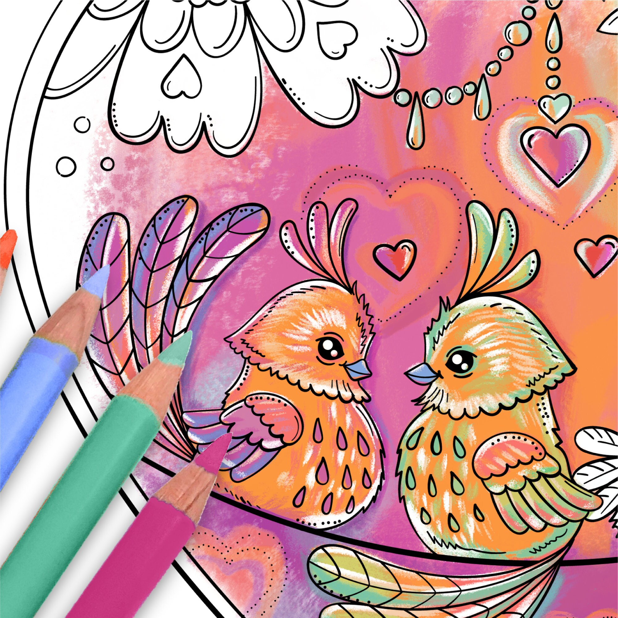 Love Bird Couples Coloring Page With a Romantic Love Heart and Flowers ...