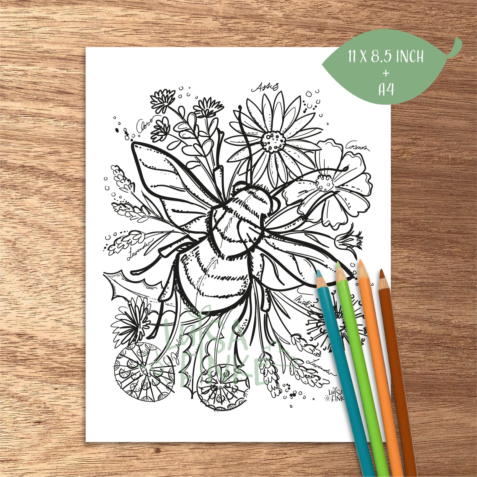 Bee Coloring Page With Flowers | Beautiful Floral Nature Coloring for ...