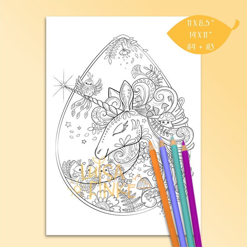 Magical Unicorn Coloring Page With Cute Birds, Flowers and Mushrooms ...
