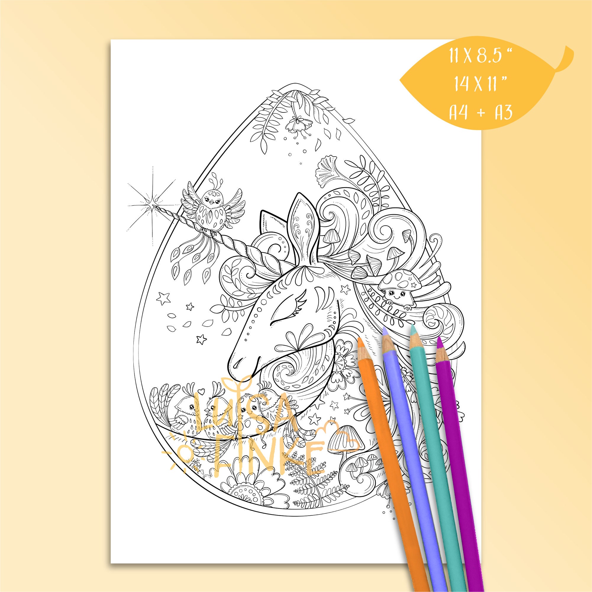 Magical Unicorn Coloring Page With Cute Birds, Flowers and Mushrooms ...
