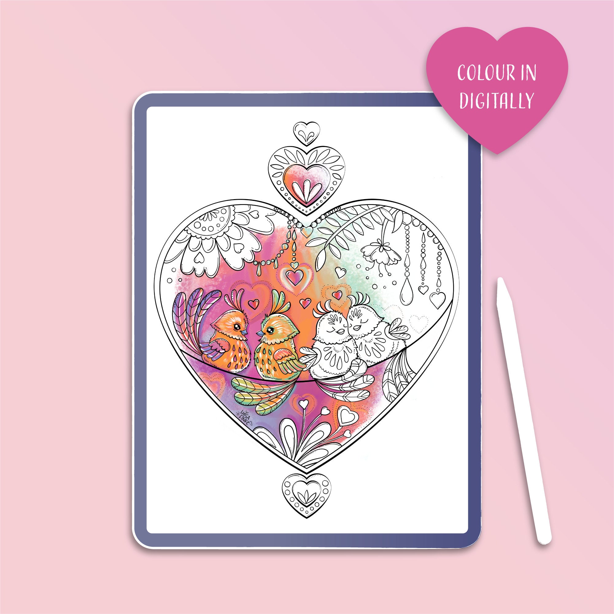 Love Bird Couples Coloring Page With a Romantic Love Heart and Flowers ...