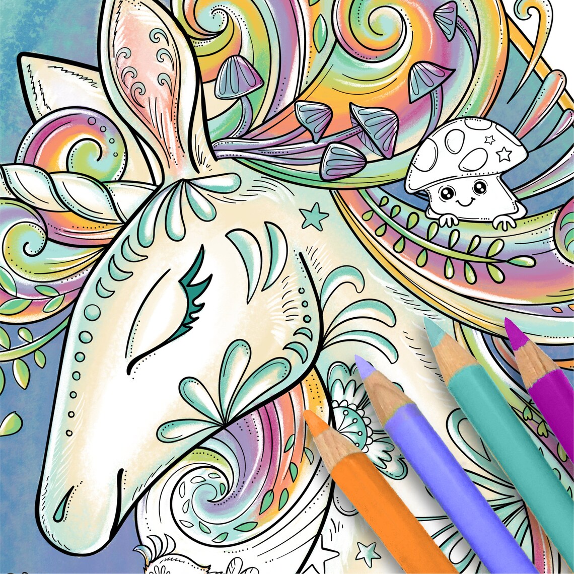 Magical Unicorn Coloring Page With Cute Birds, Flowers and Mushrooms ...
