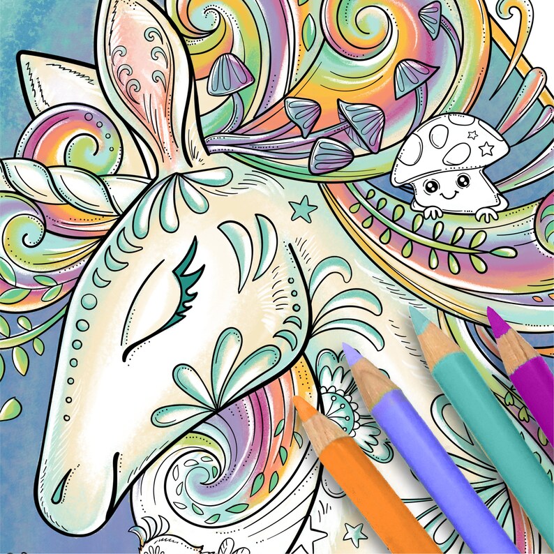 Magical Unicorn Coloring Page With Cute Birds, Flowers and Mushrooms ...