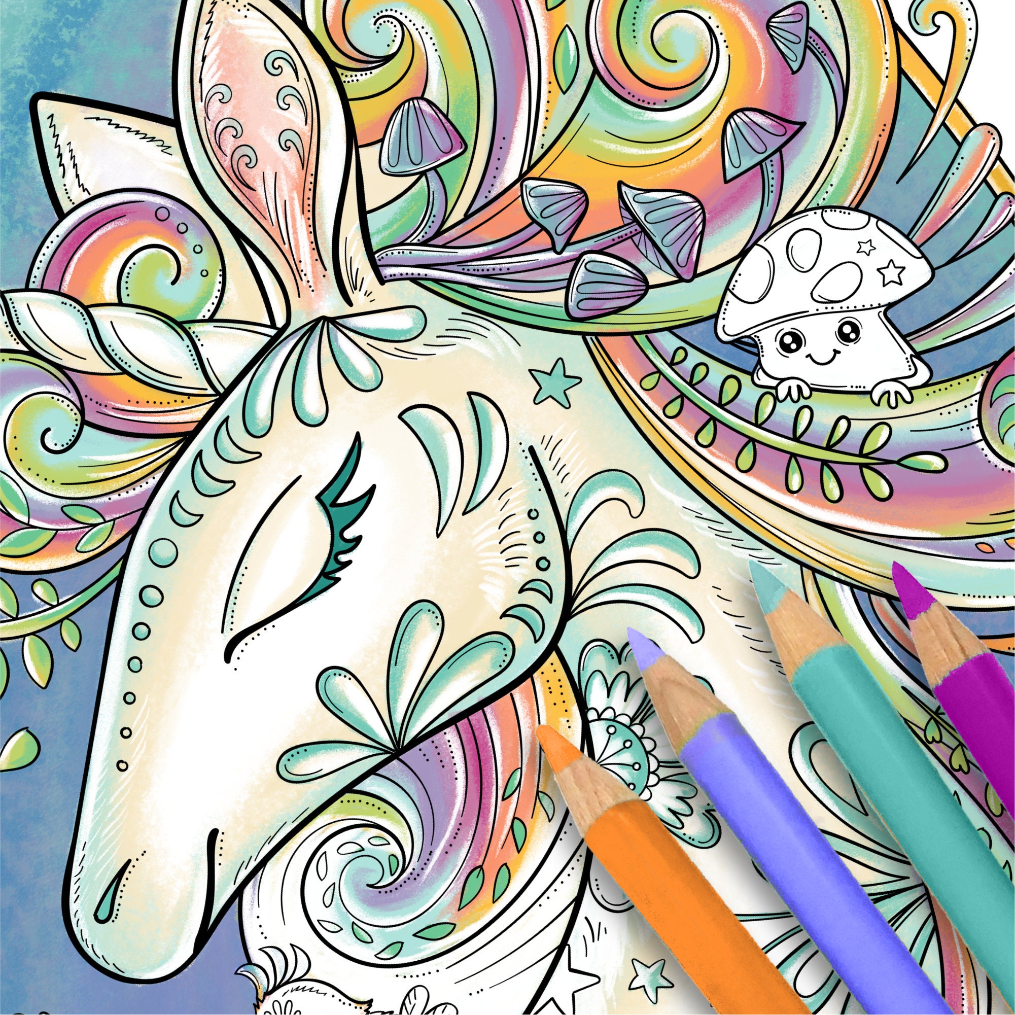 Magical Unicorn Coloring Page With Cute Birds, Flowers and Mushrooms ...