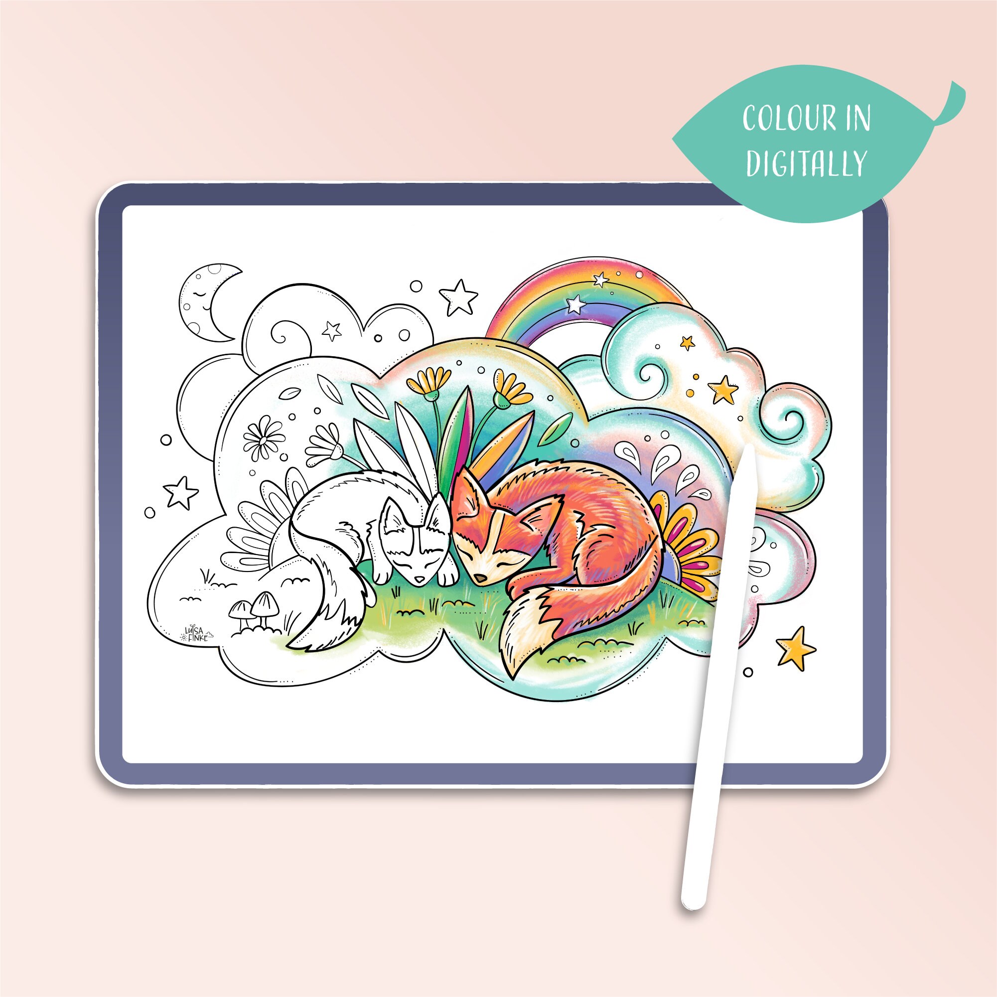 SET of 3 Cute Animal Coloring Pages With Fox, Bunny & Deer in Clouds ...