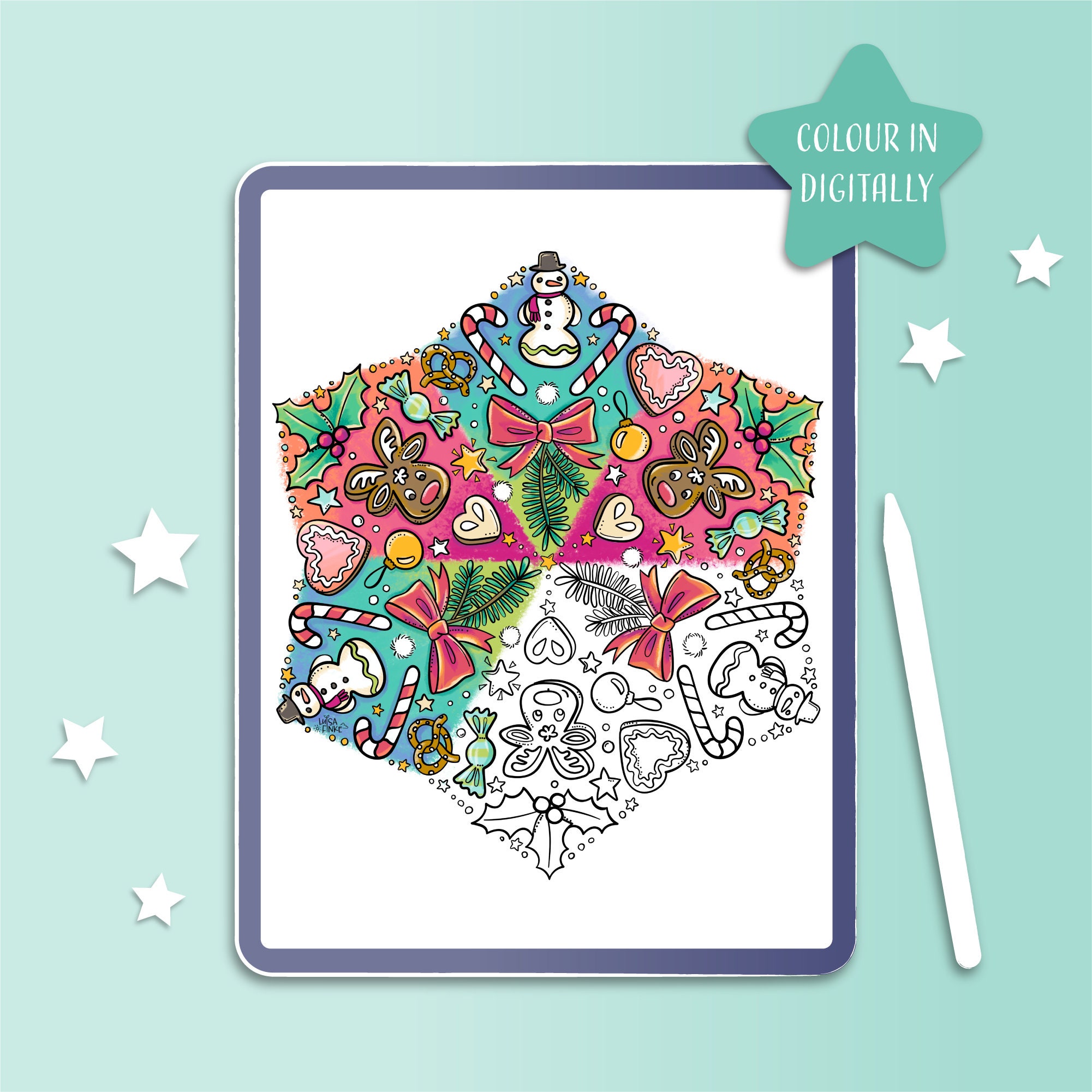 Christmas Mandala Star Coloring Page With Snowman and Reindeer Cookie ...