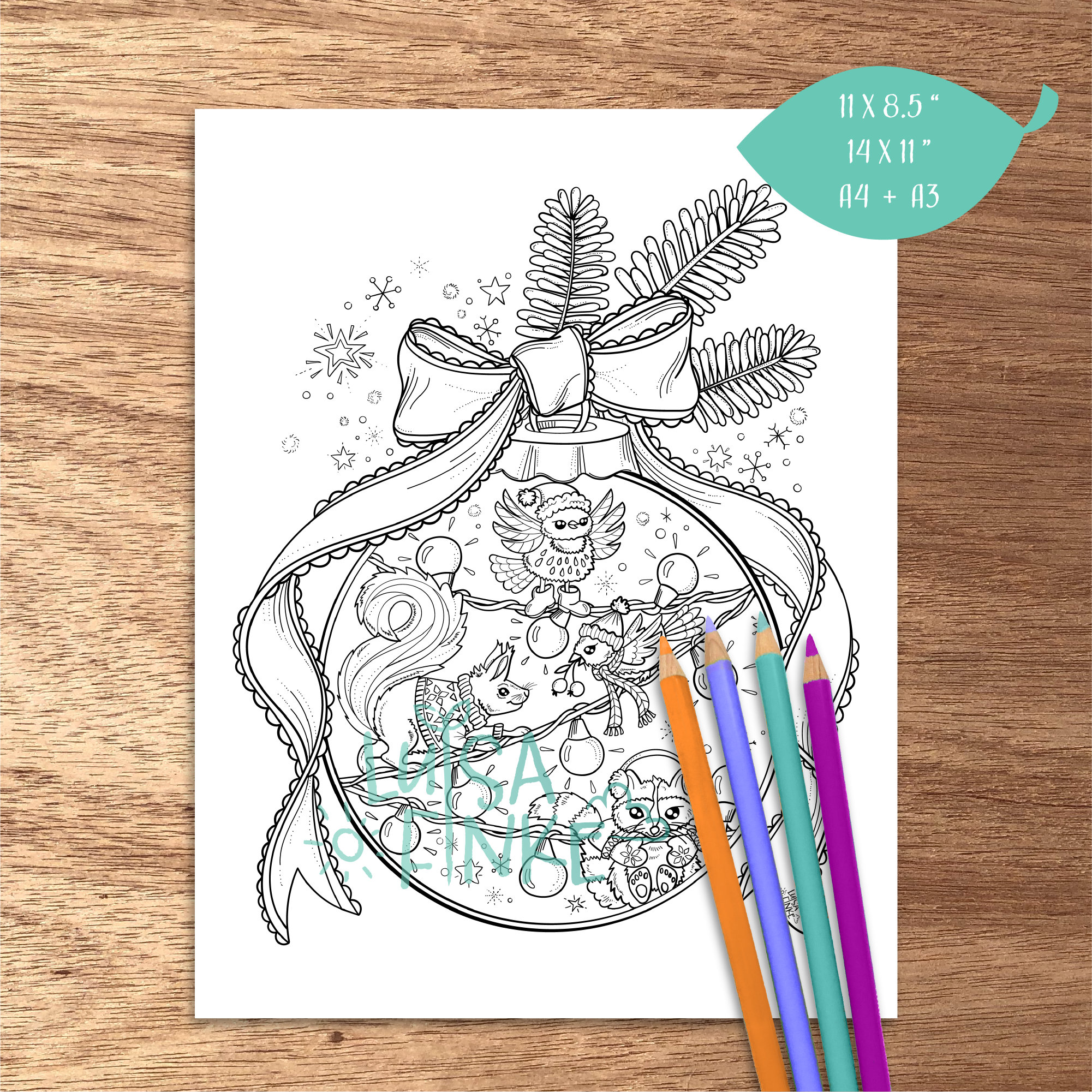 Christmas Coloring Page With Cute Animals in a Wintery Fantasy Bauble ...