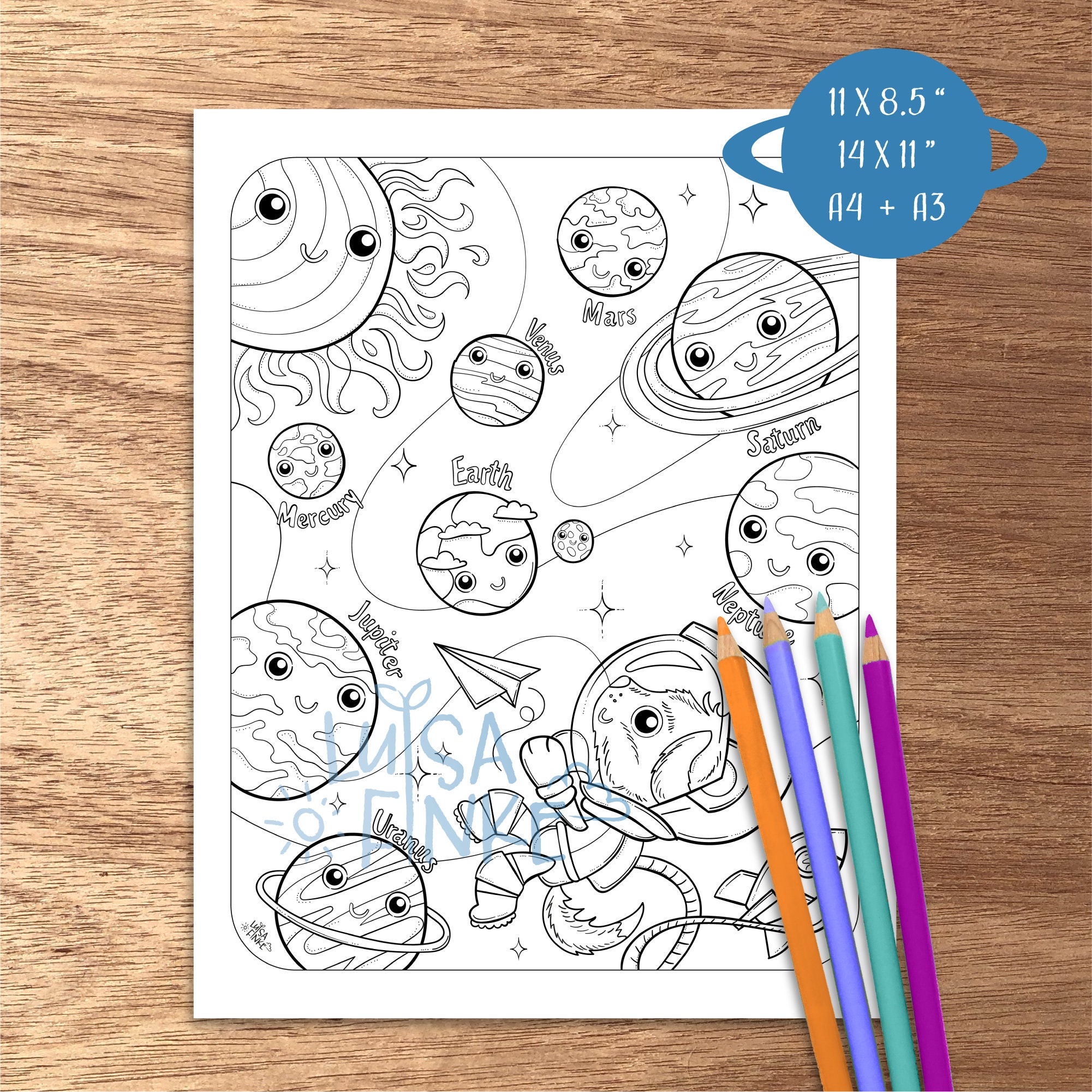 Space Coloring Page With Dog Astronaut and Planets | Fun Educational ...