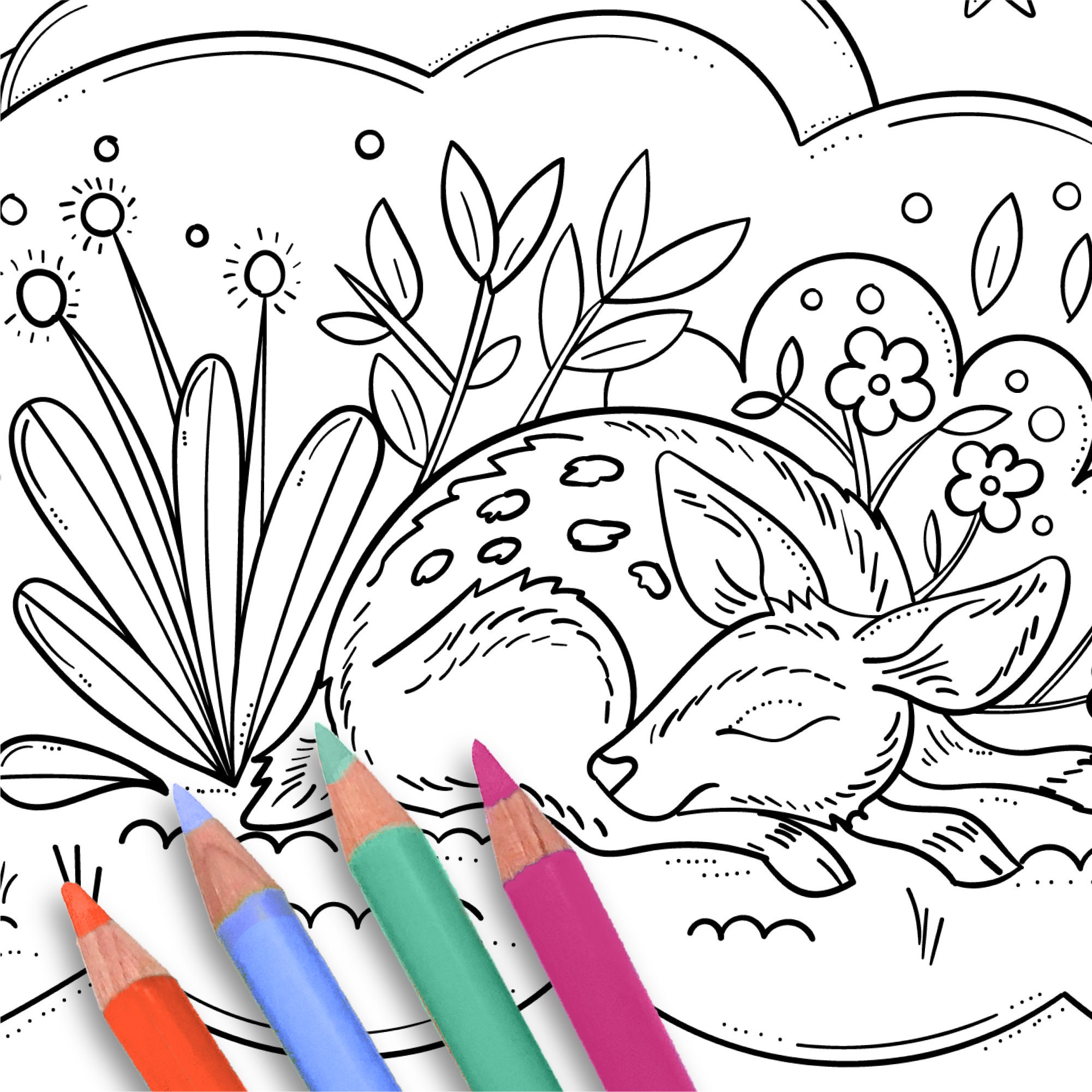 SET of 3 Cute Animal Coloring Pages With Fox, Bunny & Deer in Clouds ...