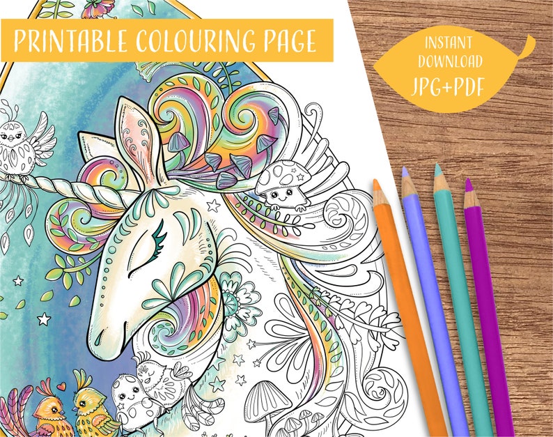 Magical Unicorn Coloring Page With Cute Birds, Flowers and Mushrooms ...