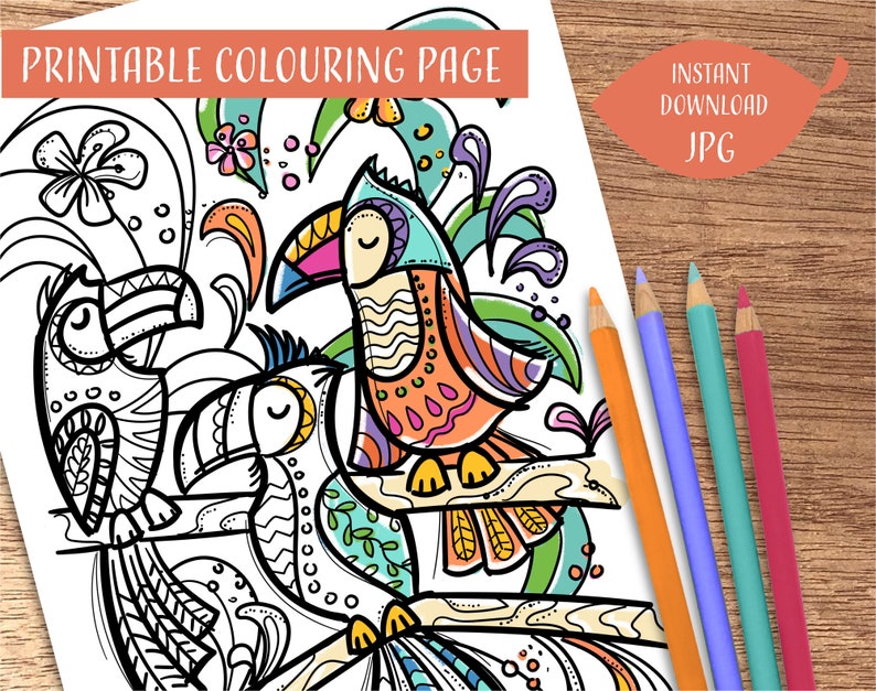 Tropical Toucan Coloring Page in the Jungle With Flowers | Cute and Fun ...
