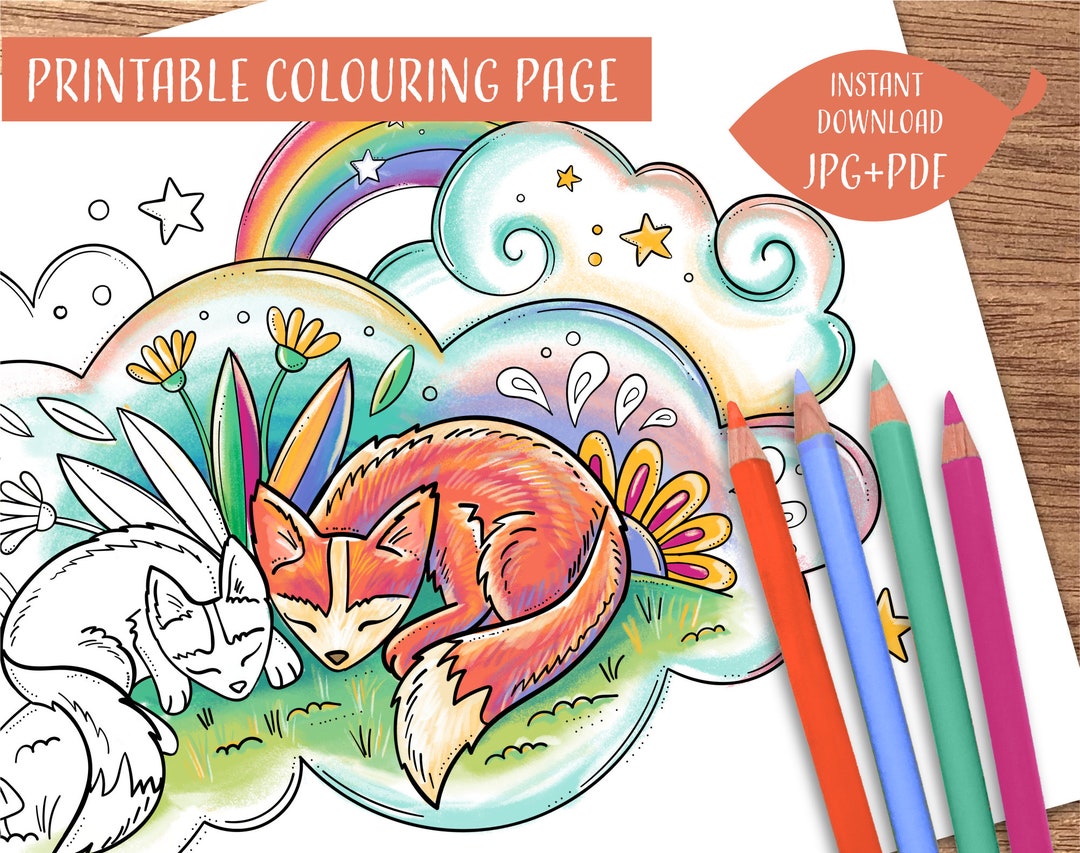 Fox Coloring Page in a Fantasy Forest With Rainbow and Clouds | Cute ...