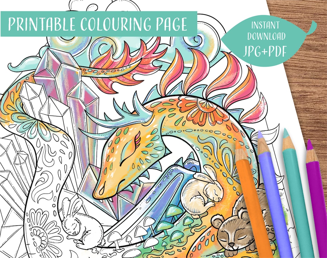 Magical Dragon Coloring Page With Cute Animals in a Fantasy Forest ...