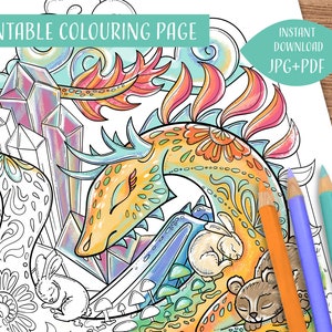 Magical Dragon Coloring Page With Cute Animals in a Fantasy Forest ...