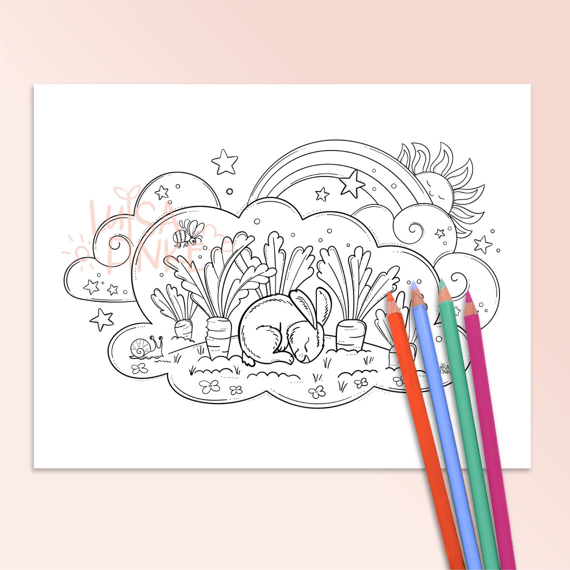 SET of 3 Cute Animal Coloring Pages With Fox, Bunny & Deer in Clouds ...