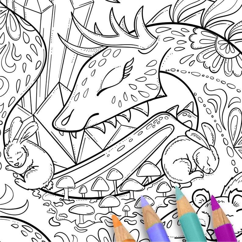 Magical Dragon Coloring Page With Cute Animals in a Fantasy Forest ...