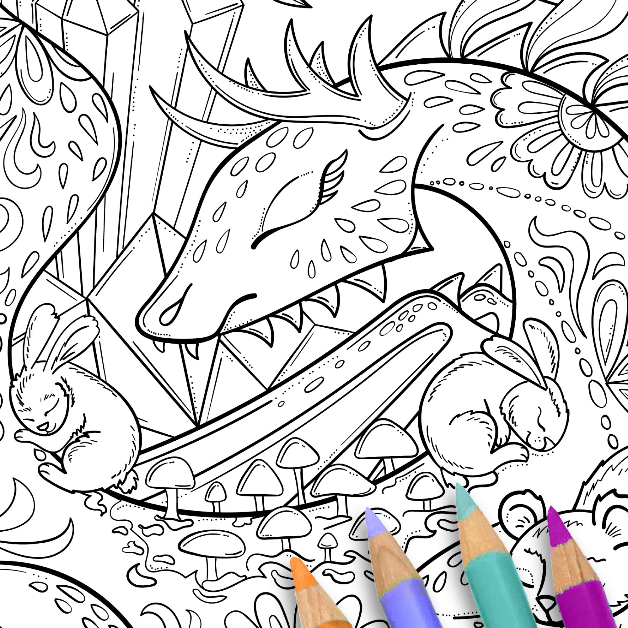 Magical Dragon Coloring Page With Cute Animals in a Fantasy Forest ...