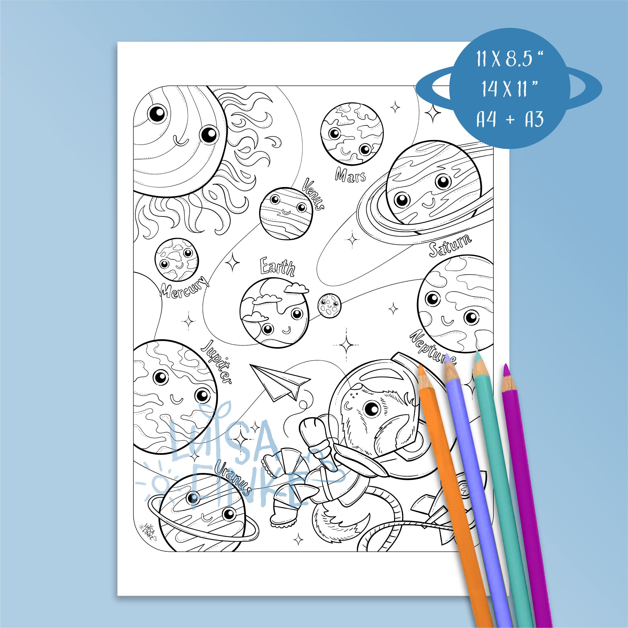 Space Coloring Page With Dog Astronaut and Planets | Fun Educational ...