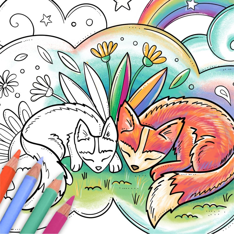 SET of 3 Cute Animal Coloring Pages With Fox, Bunny & Deer in Clouds ...