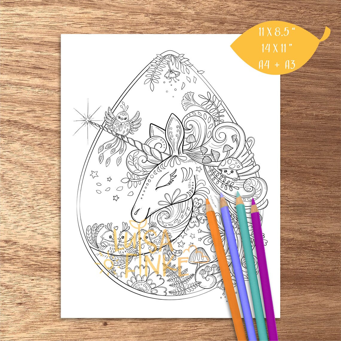 Magical Unicorn Coloring Page With Cute Birds, Flowers and Mushrooms ...
