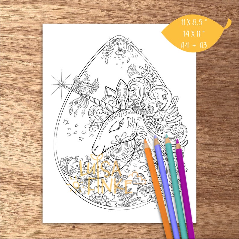Magical Unicorn Coloring Page With Cute Birds, Flowers and Mushrooms ...