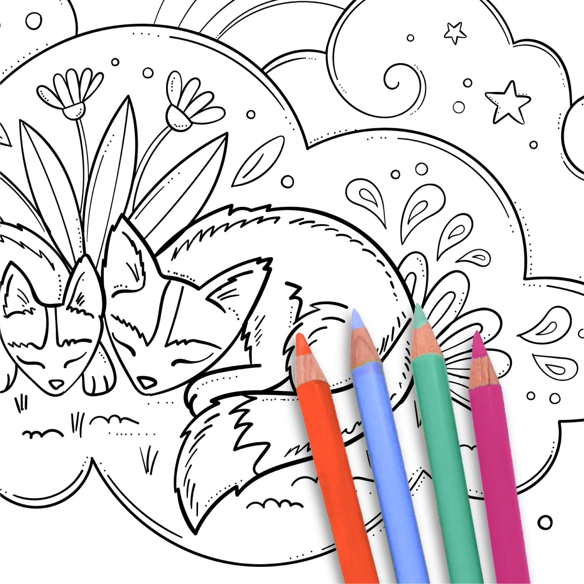 Fox Coloring Page in a Fantasy Forest With Rainbow and Clouds Cute and ...