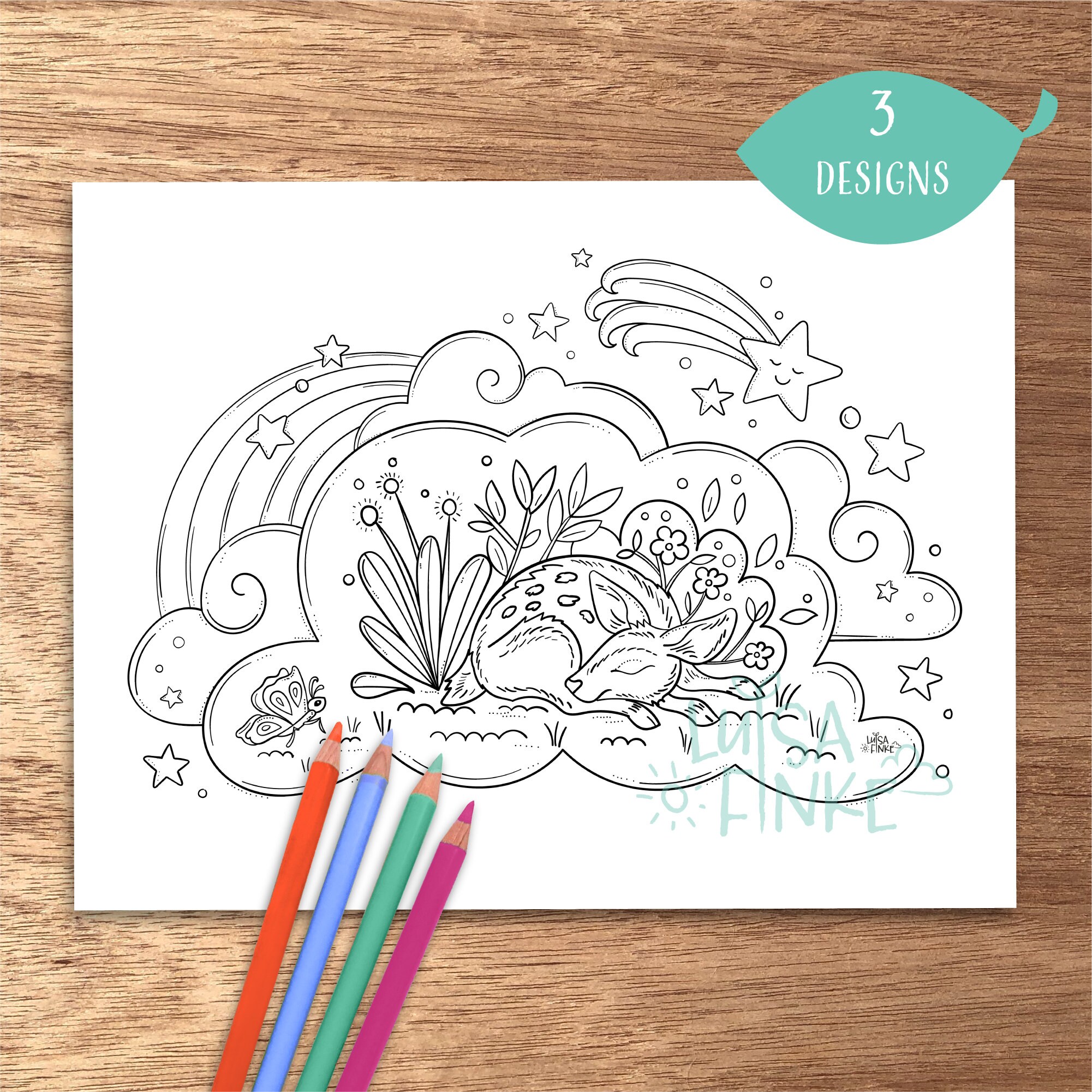 SET of 3 Cute Animal Coloring Pages With Fox, Bunny & Deer in Clouds ...
