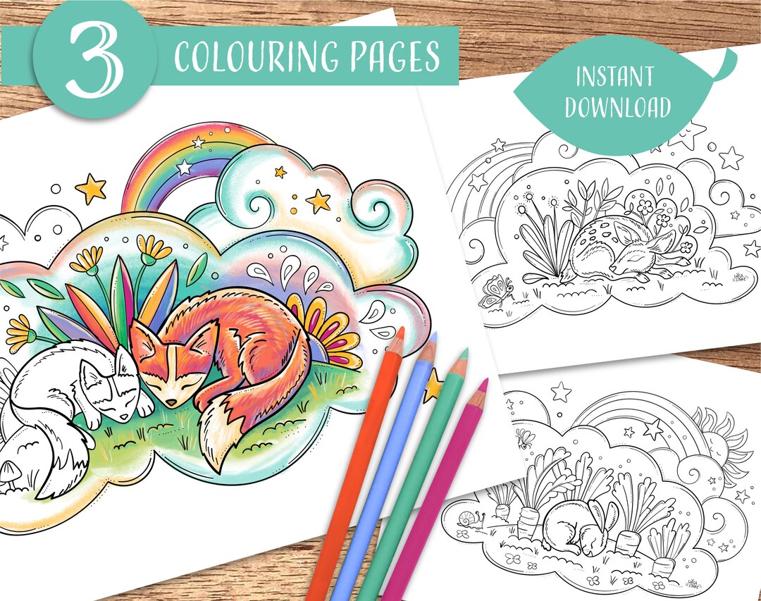 SET of 3 Cute Animal Coloring Pages With Fox, Bunny & Deer in Clouds ...