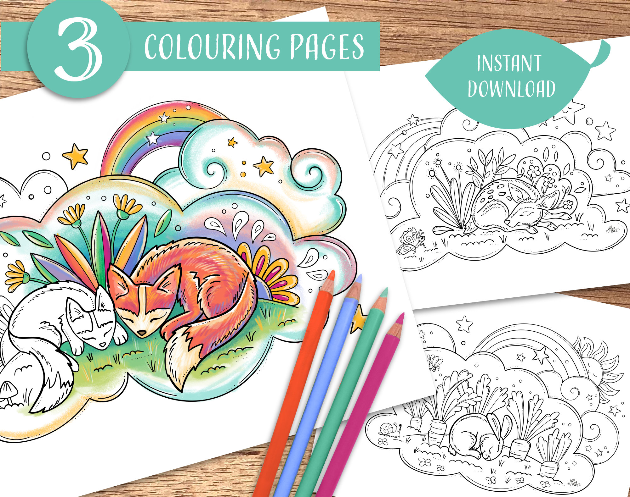 SET of 3 Cute Animal Coloring Pages With Fox, Bunny & Deer in Clouds ...