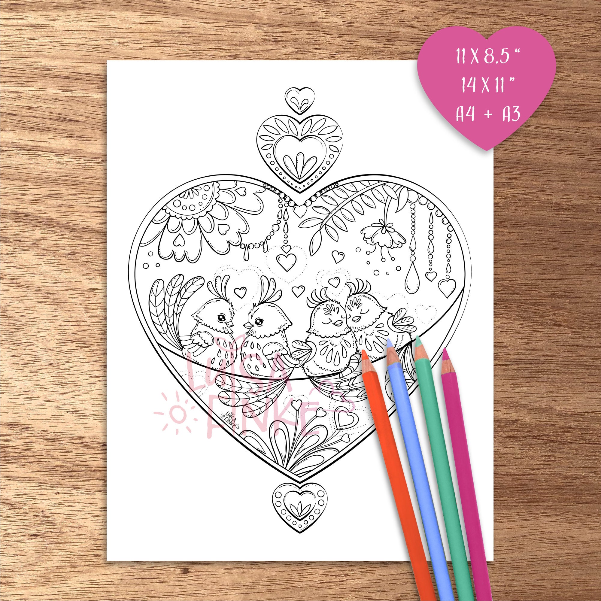 Love Bird Couples Coloring Page With a Romantic Love Heart and Flowers ...
