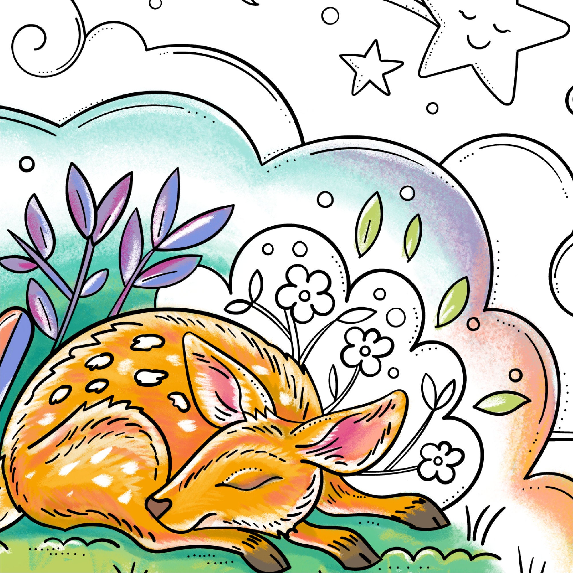 Baby Deer Coloring Page in a Fantasy Forest With Rainbow and Clouds ...