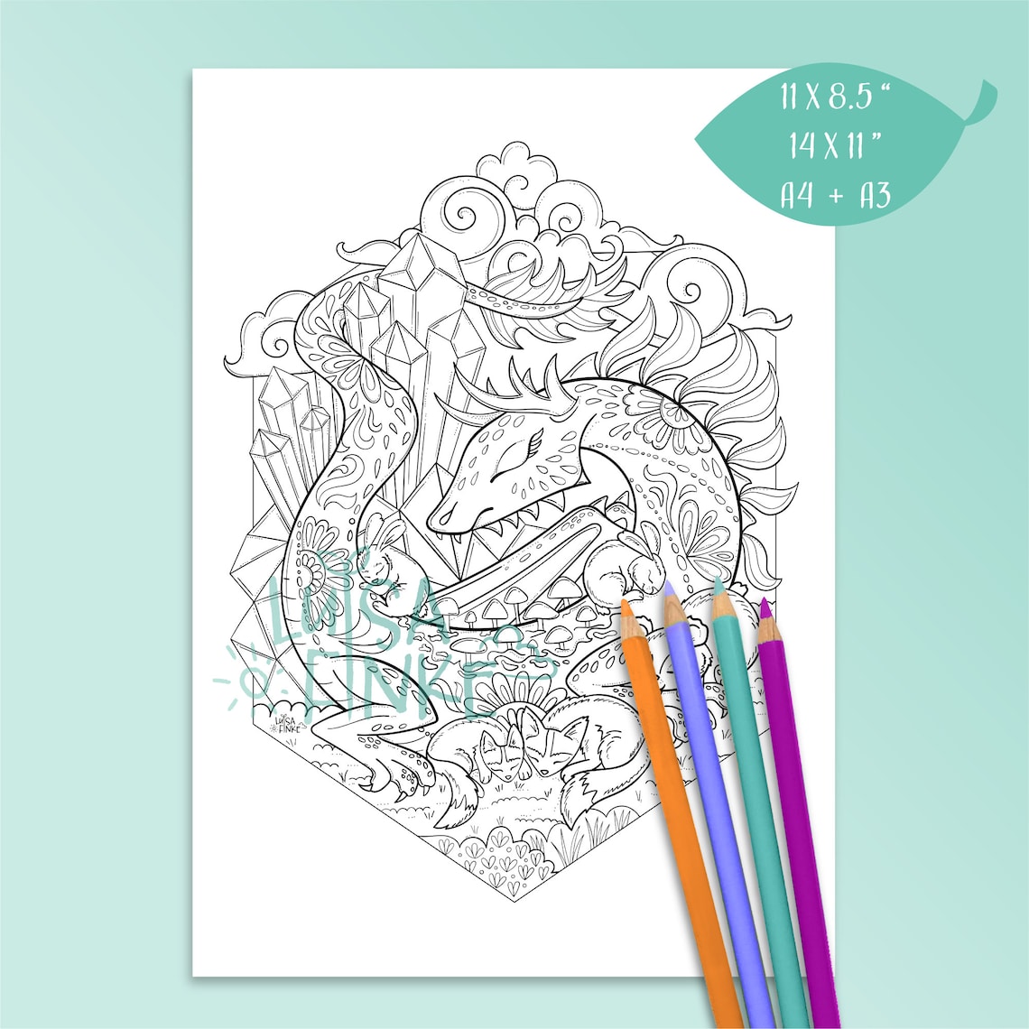 Magical Dragon Coloring Page With Cute Animals in a Fantasy Forest ...