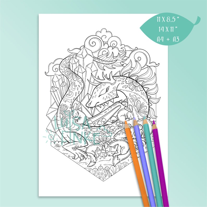 Magical Dragon Coloring Page With Cute Animals in a Fantasy Forest ...