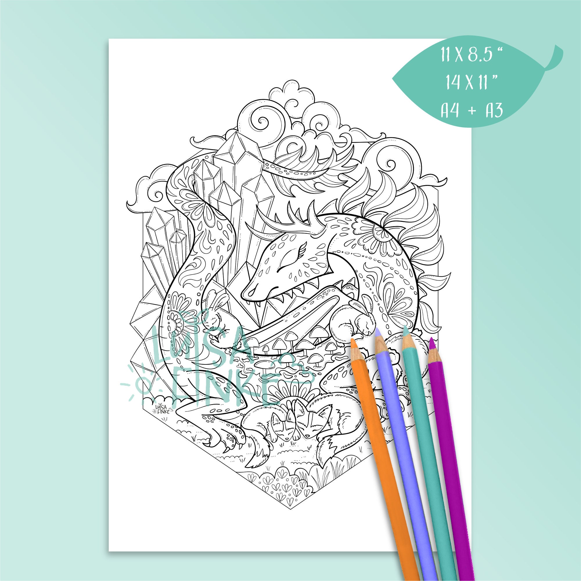 Magical Dragon Coloring Page With Cute Animals in a Fantasy Forest ...