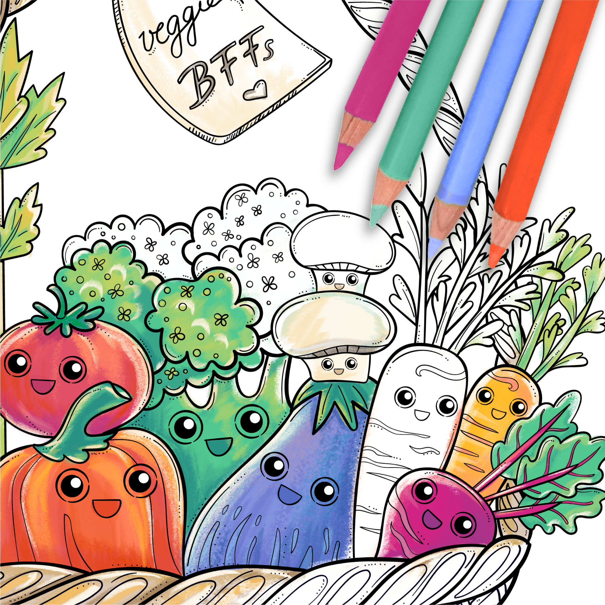 Cute Garden Vegetable Coloring Page | Fun Coloring for Adults and Kids ...
