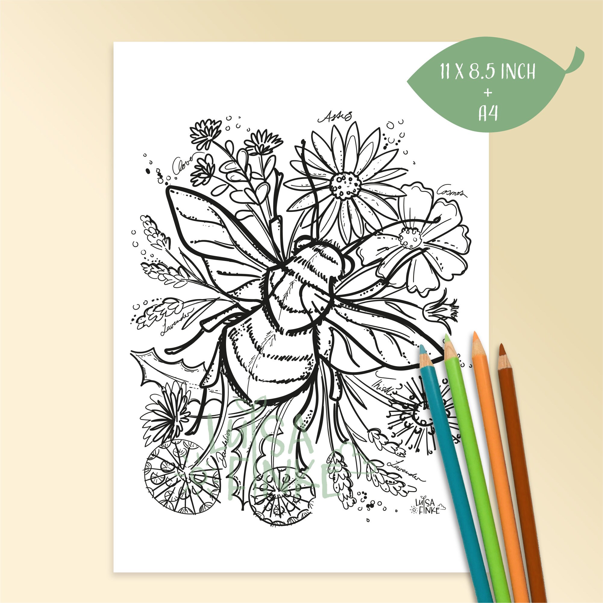 Bee Coloring Page With Flowers | Beautiful Floral Nature Coloring for ...