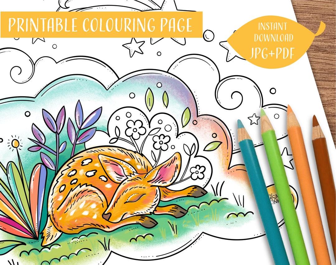 Baby Deer Coloring Page in a Fantasy Forest With Rainbow and Clouds ...