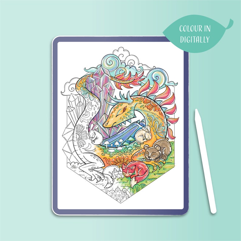 Magical Dragon Coloring Page With Cute Animals in a Fantasy Forest ...