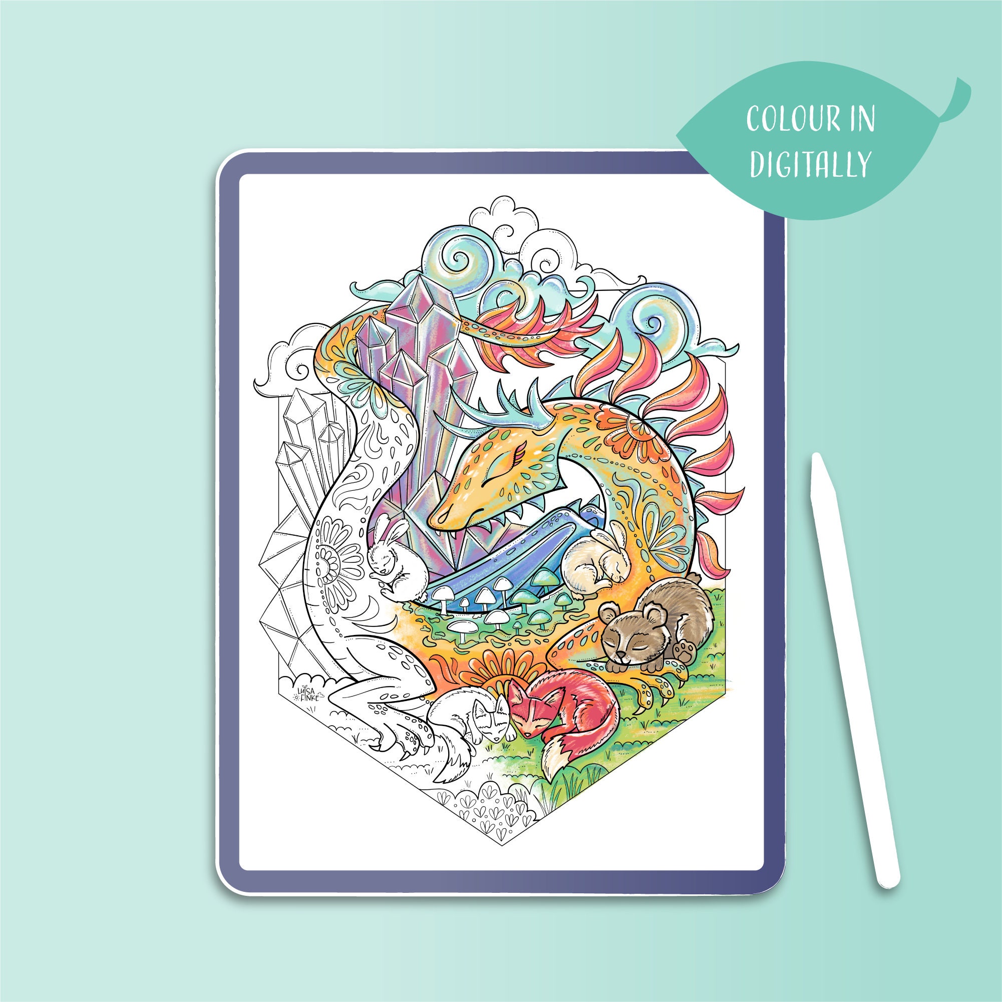 Magical Dragon Coloring Page With Cute Animals in a Fantasy Forest ...